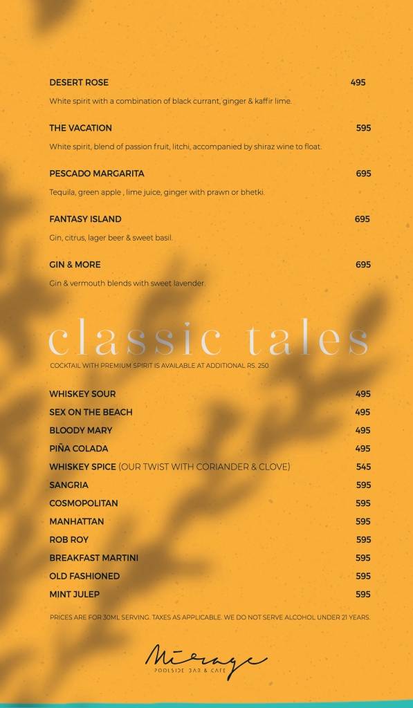 Menu at Mirage Poolside Bar & Cafe, Kolkata