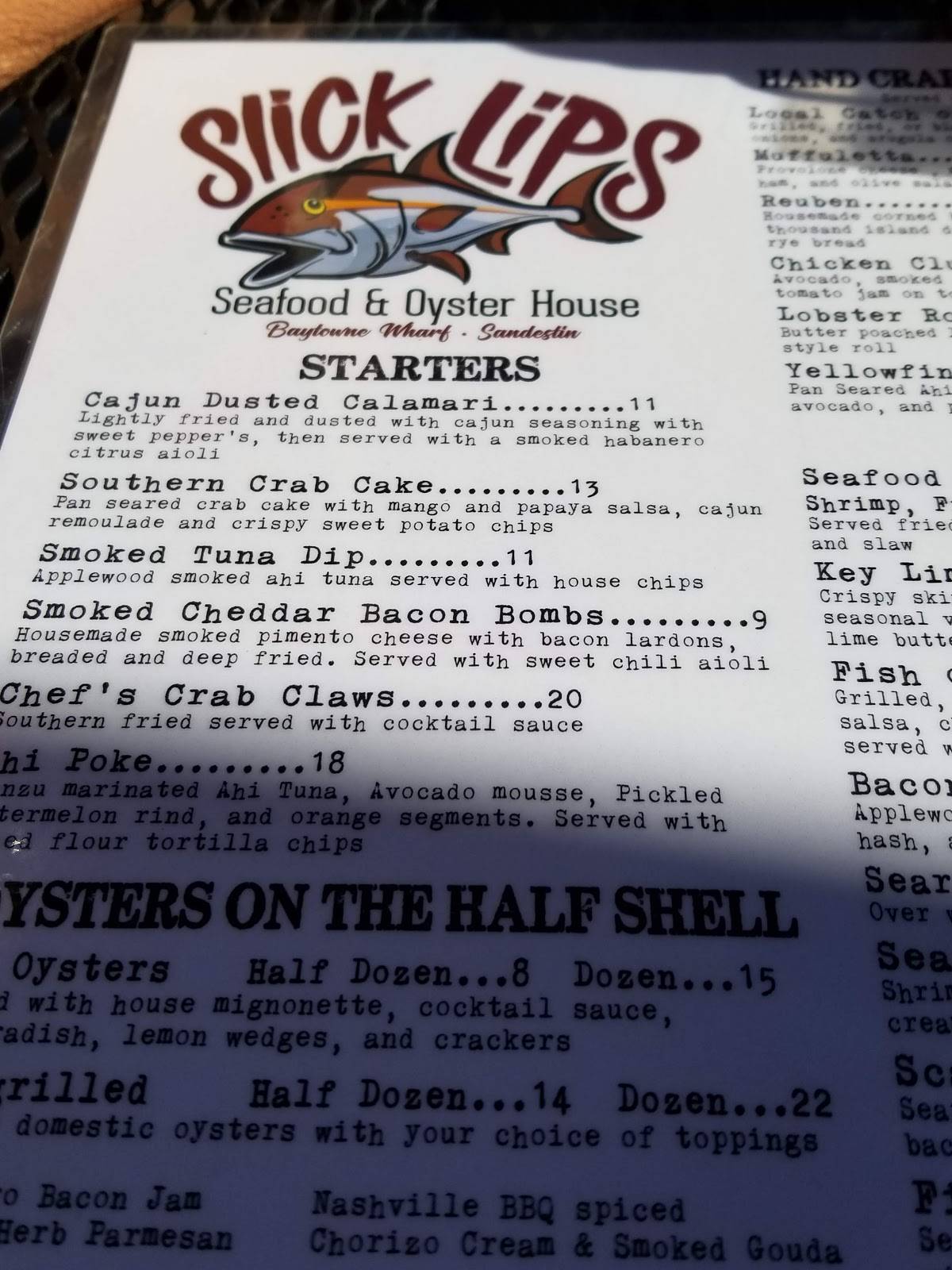 Menu at Slick Lips Seafood & Oyster House restaurant, Miramar Beach