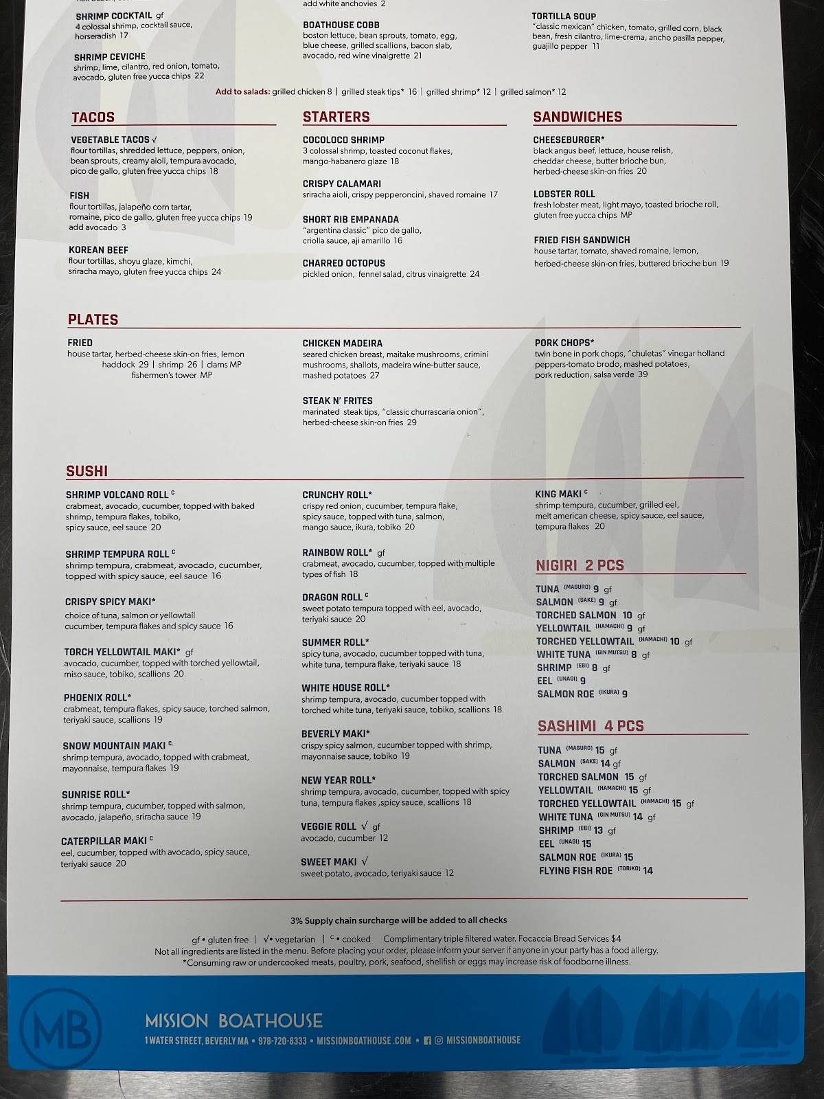 Menu at Mission Boathouse - Beverly pub & bar, Beverly