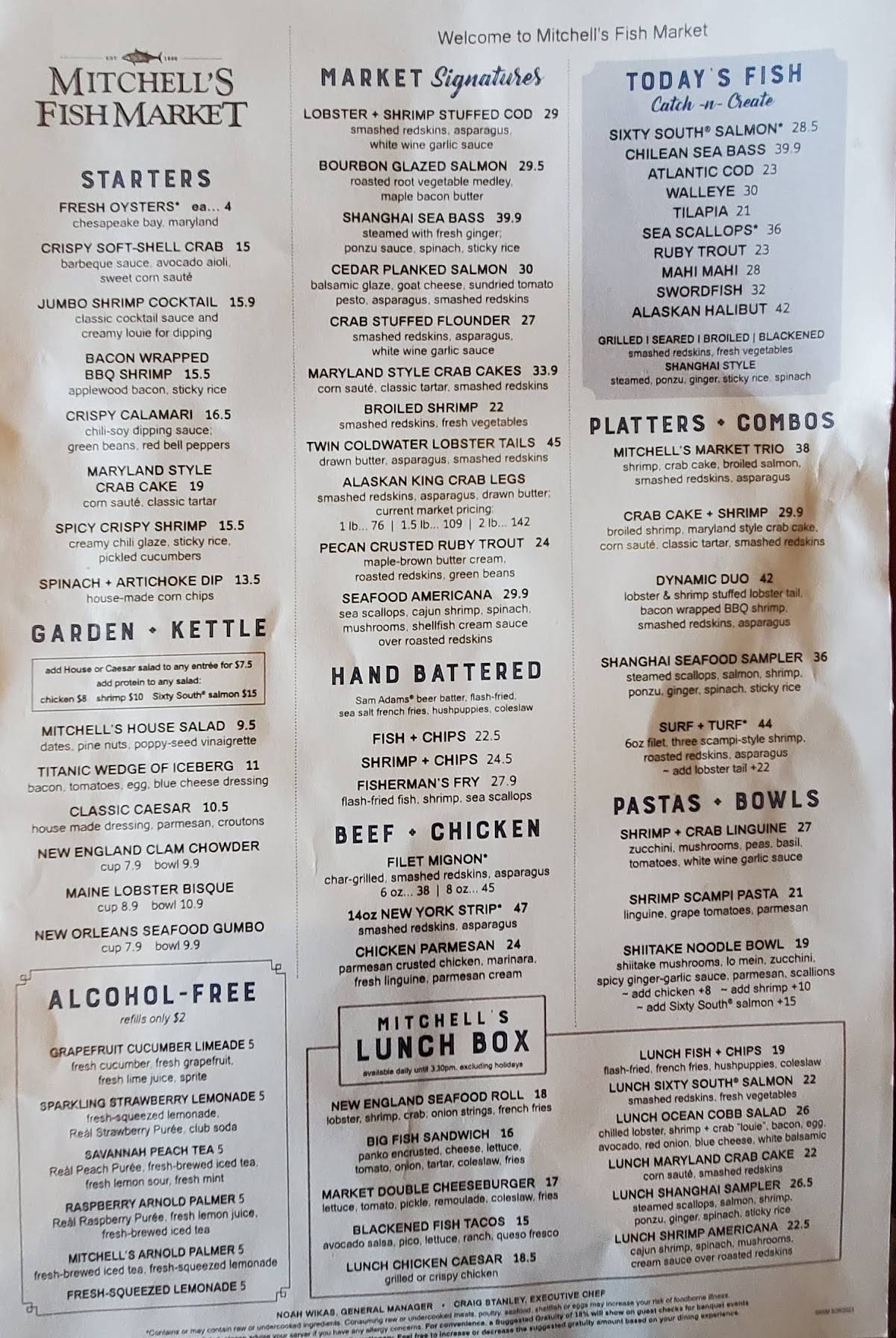 Menu at Mitchell's Fish Market restaurant, Woodmere