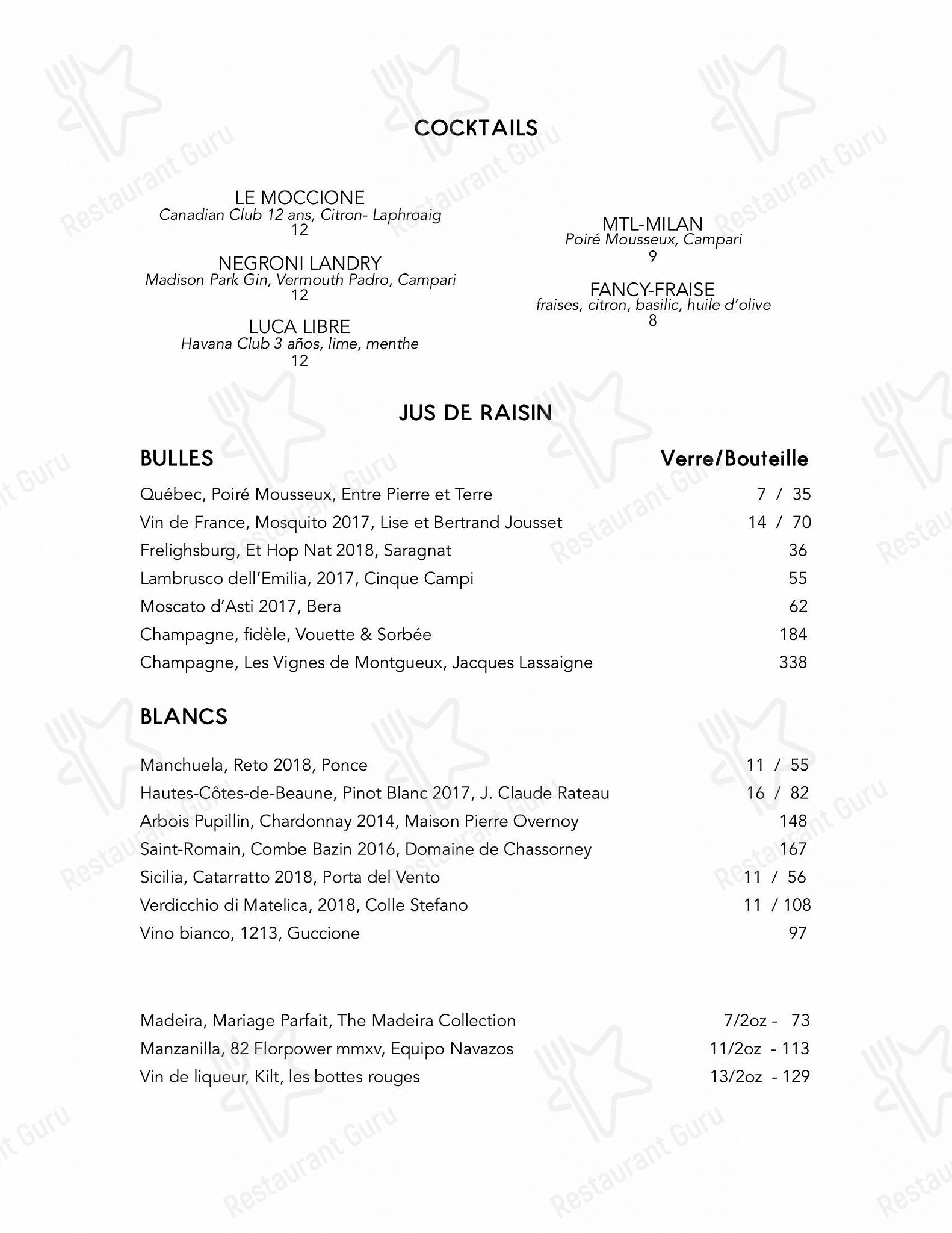 Menu at Restaurant Moccione, Montréal