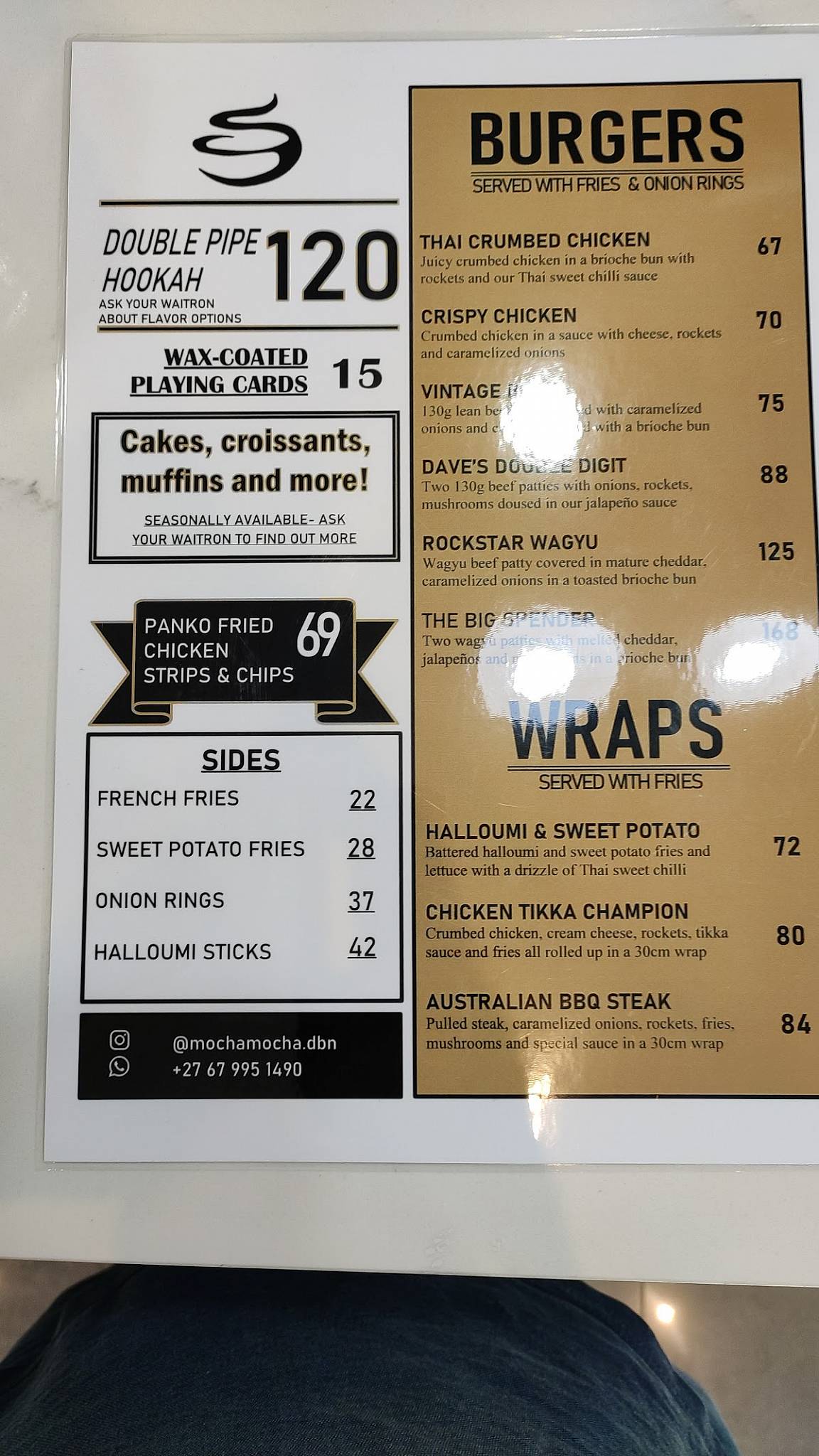Menu at Mocha Mocha restaurant, Durban, 490 Peter Mokaba Ridge