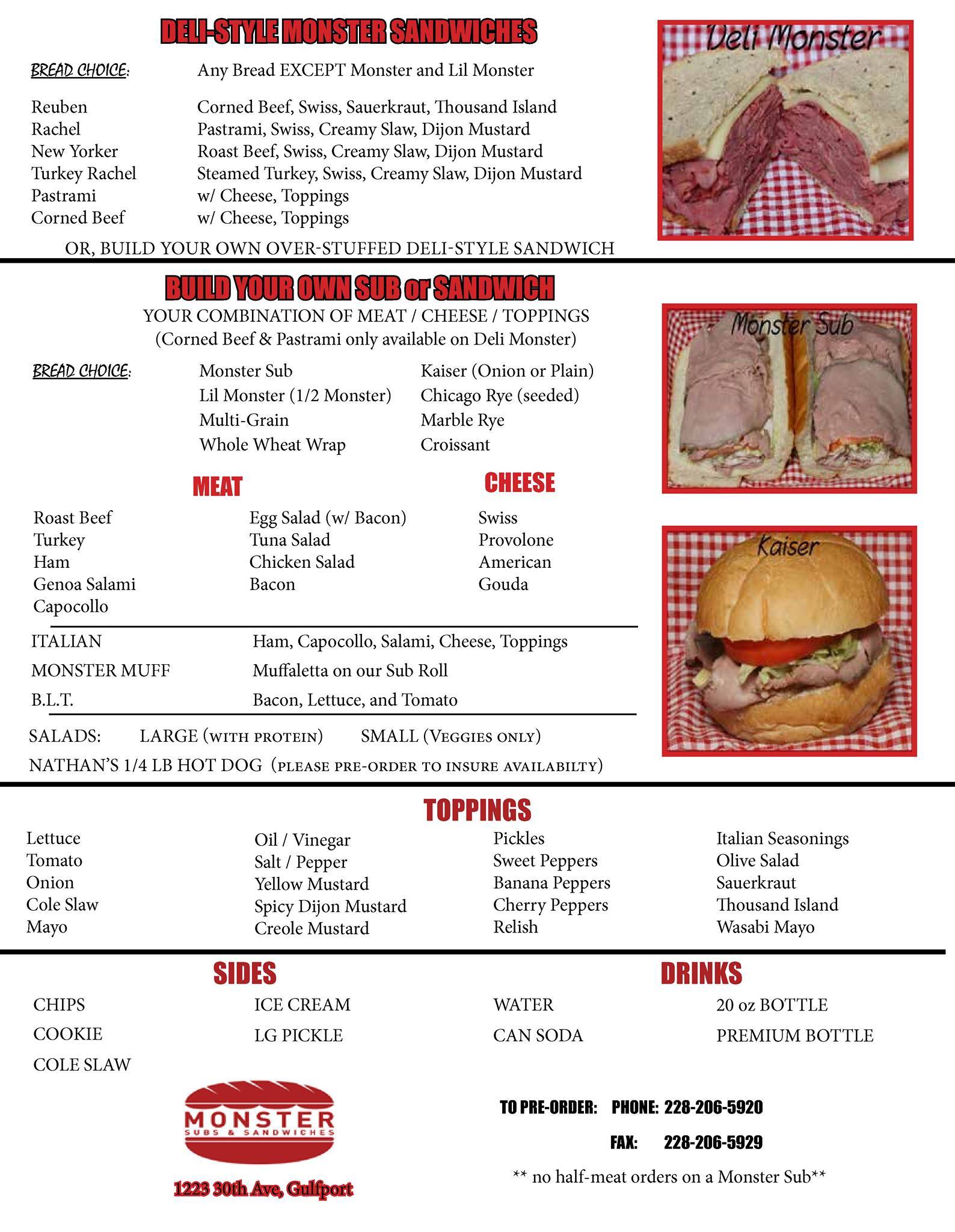Menu at Monster Subs & Sandwiches fast food, Gulfport