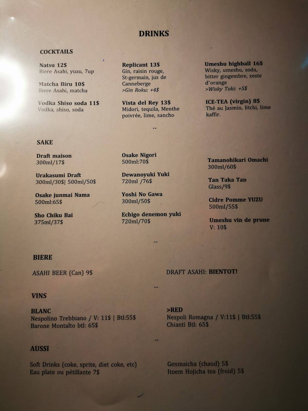 Menu au Neotokyo restaurant, Montréal