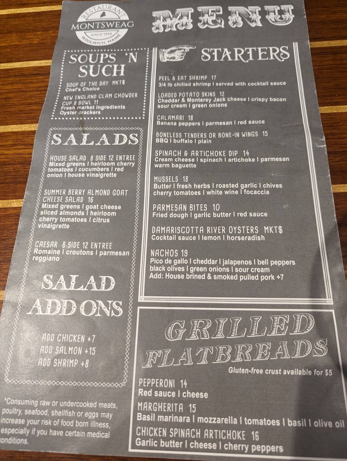 Menu at The Montsweag Restaurant, Woolwich, 942 US-1
