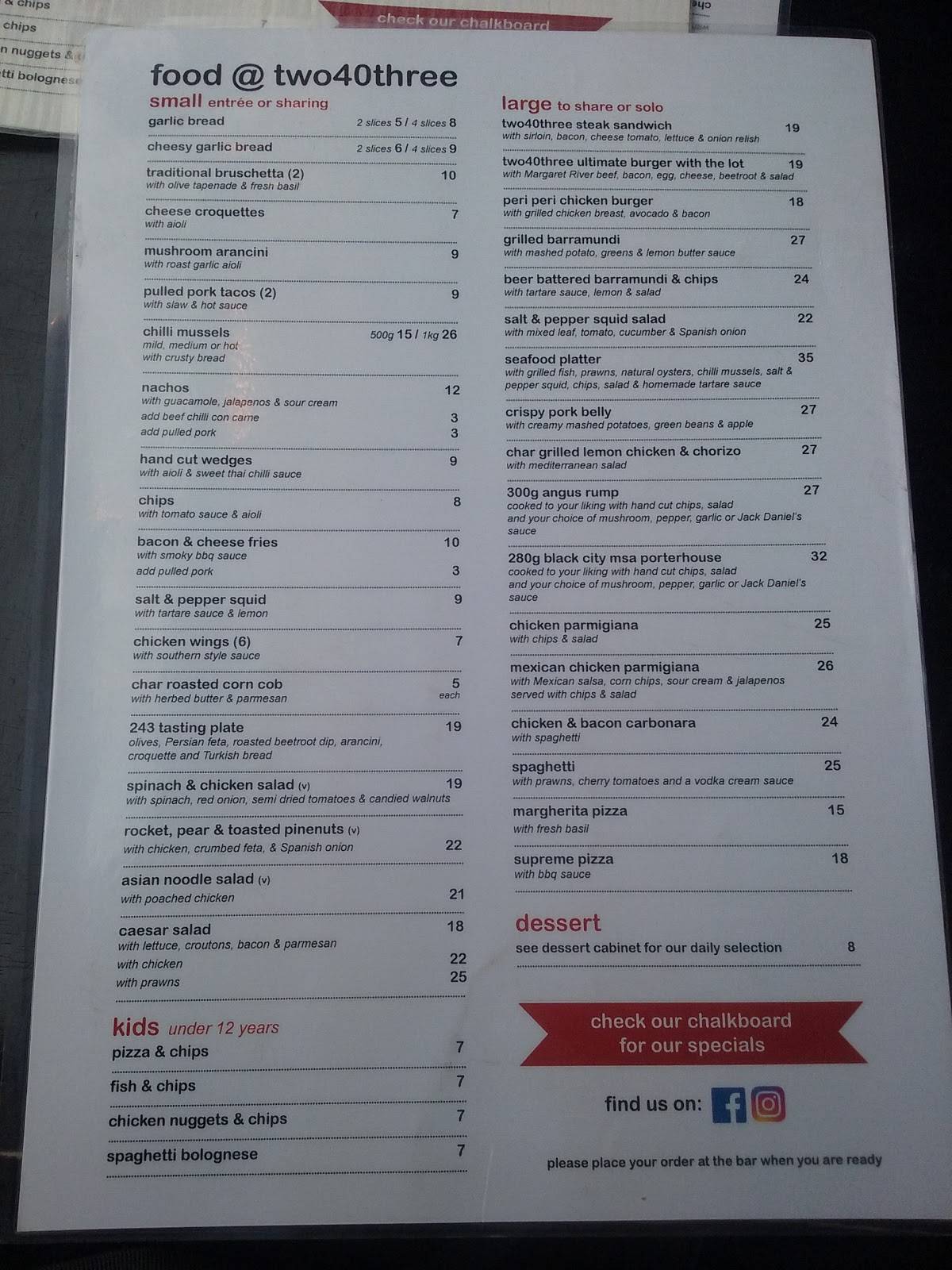 Menu at two40three Bar & Grill, Morley