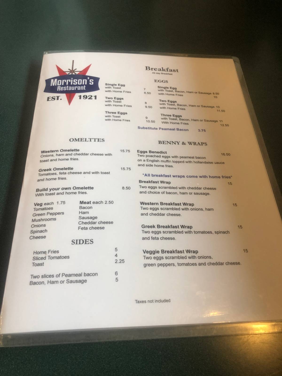 Menu at Morrison's Restaurant, Kingston