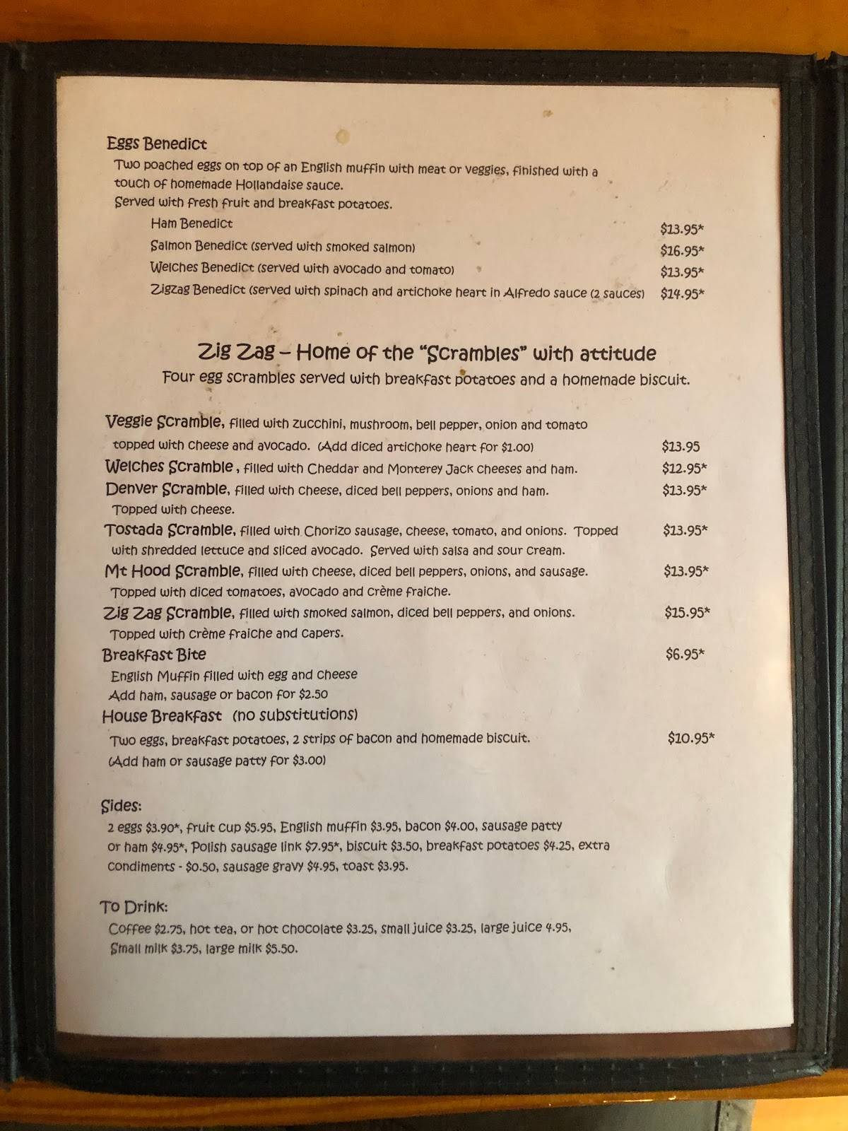 Menu at Zigzag Mountain Cafe, Mount Hood Village