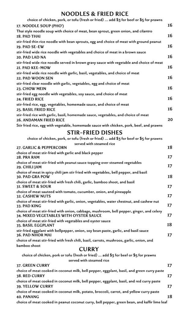 Menu at Andaman Healthy Thai Cuisine restaurant, Mount Shasta