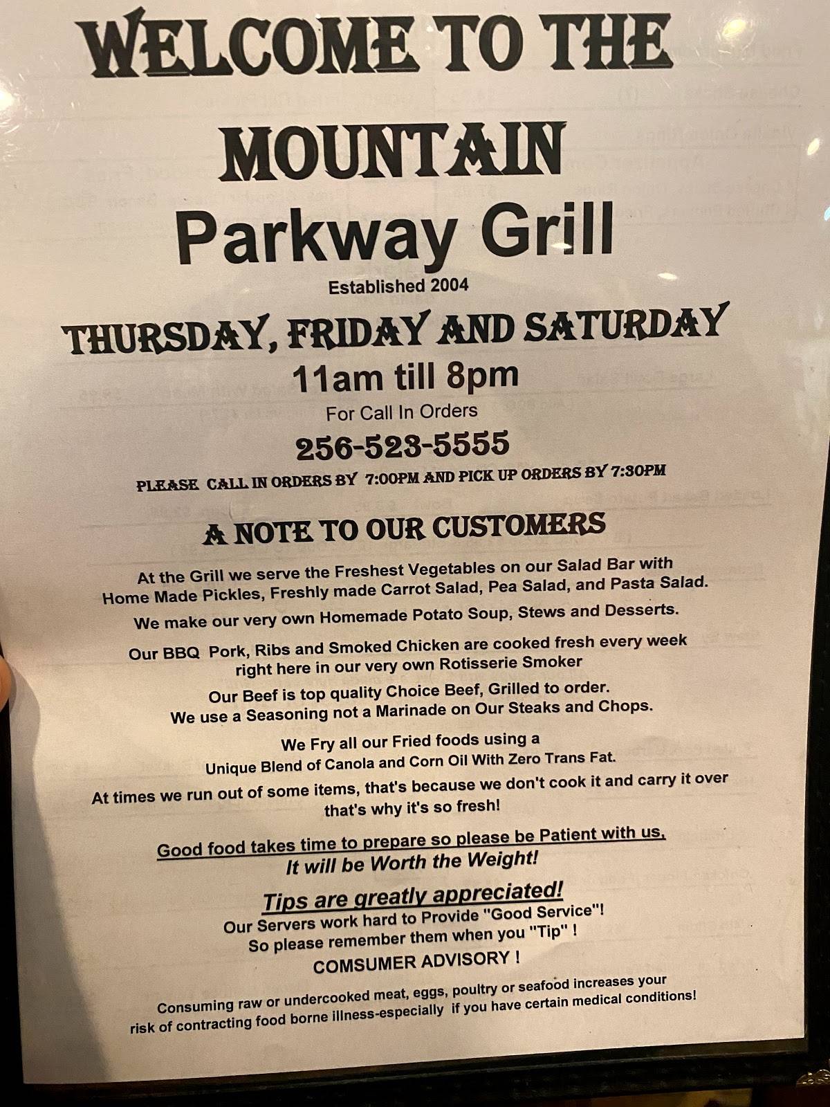 Menu at Mountain Parkway Grill restaurant, Sand Rock, 85 Overlook St
