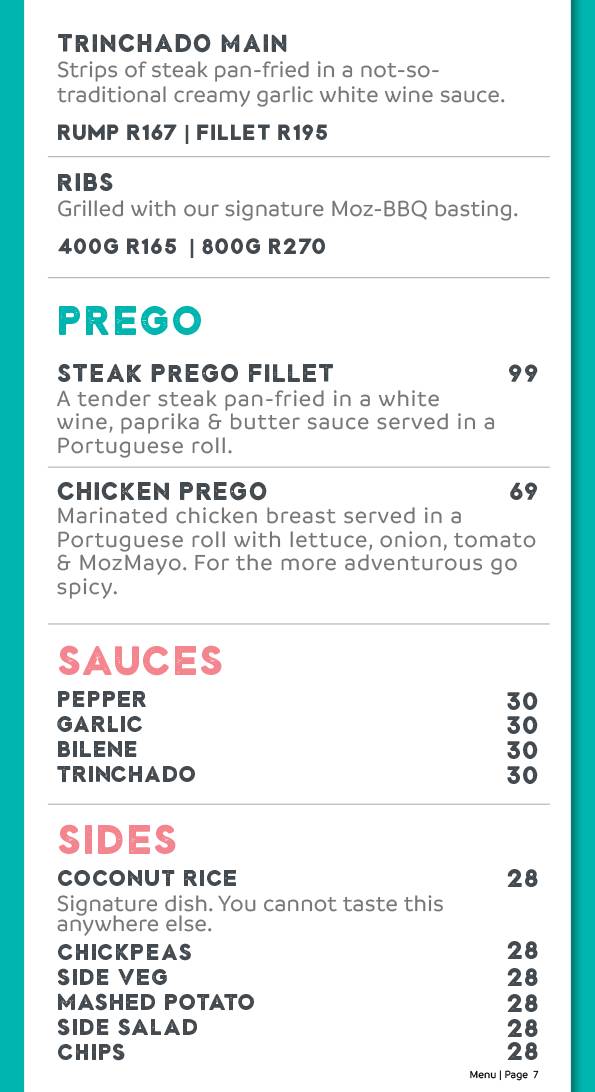 Menu at Mozambik Nelspruit restaurant, Nelspruit