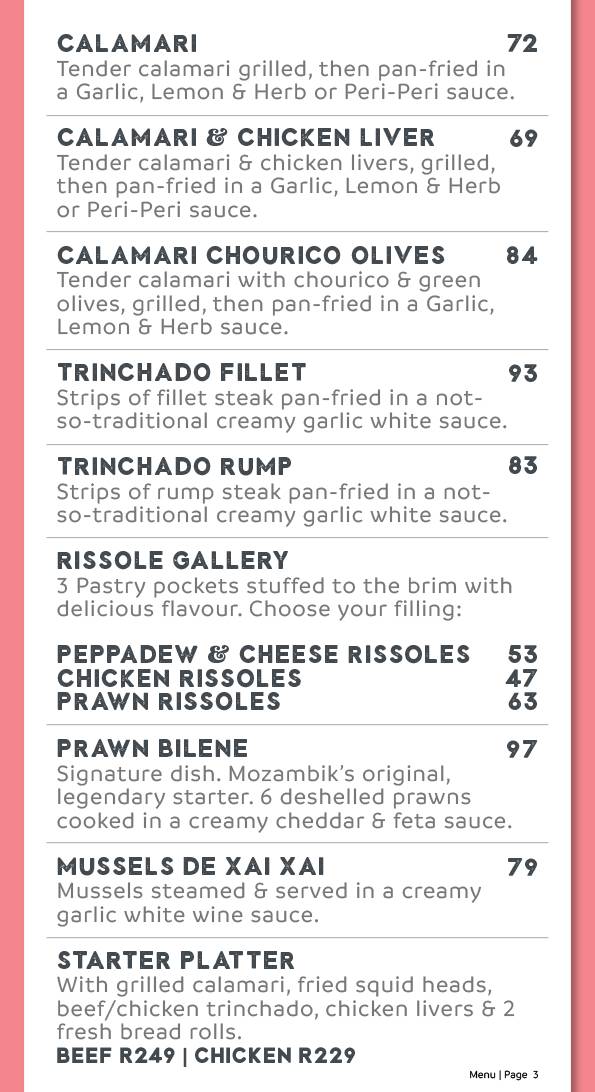Menu at Mozambik Nelspruit restaurant, Nelspruit