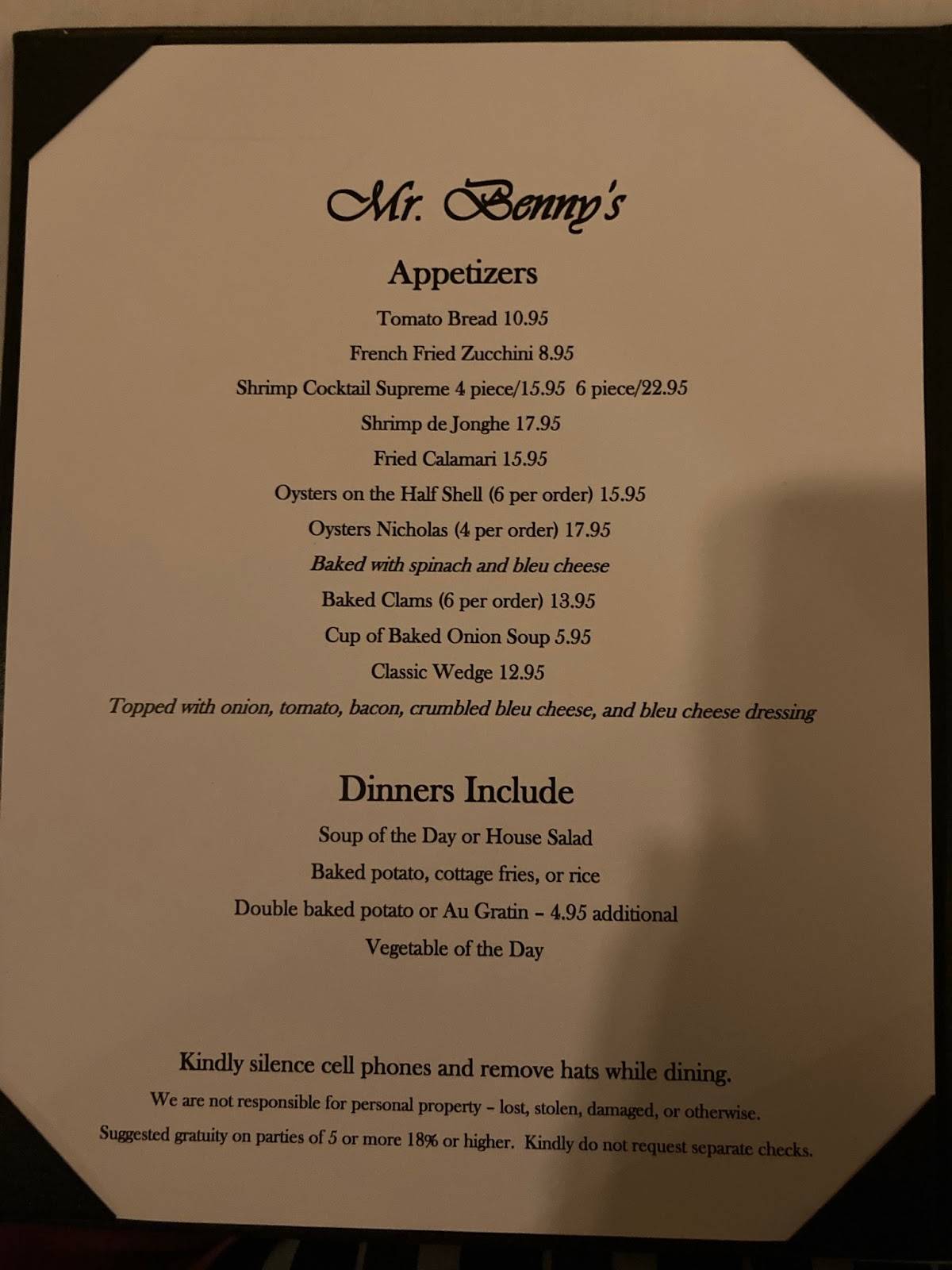 Menu at Mr Benny's Steak & Lobster steakhouse, Mokena