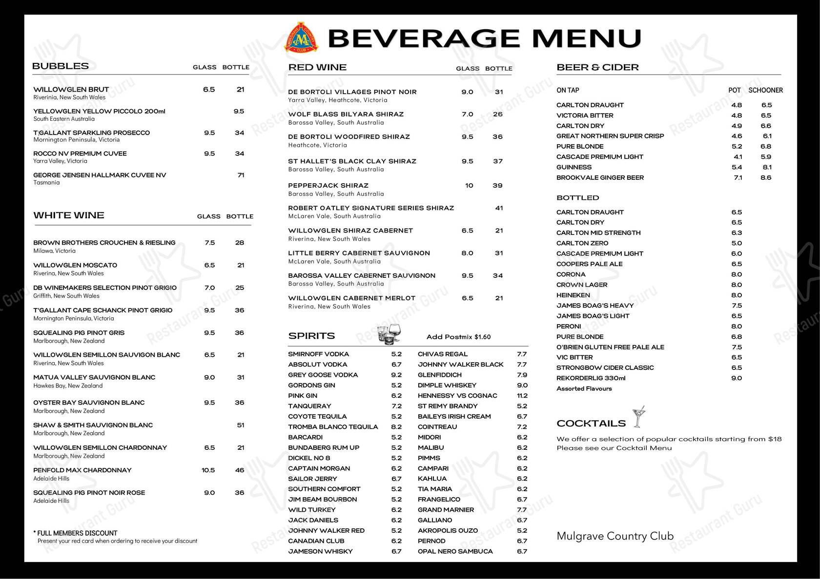 Menu at Mulgrave Country Club, Wheelers Hill