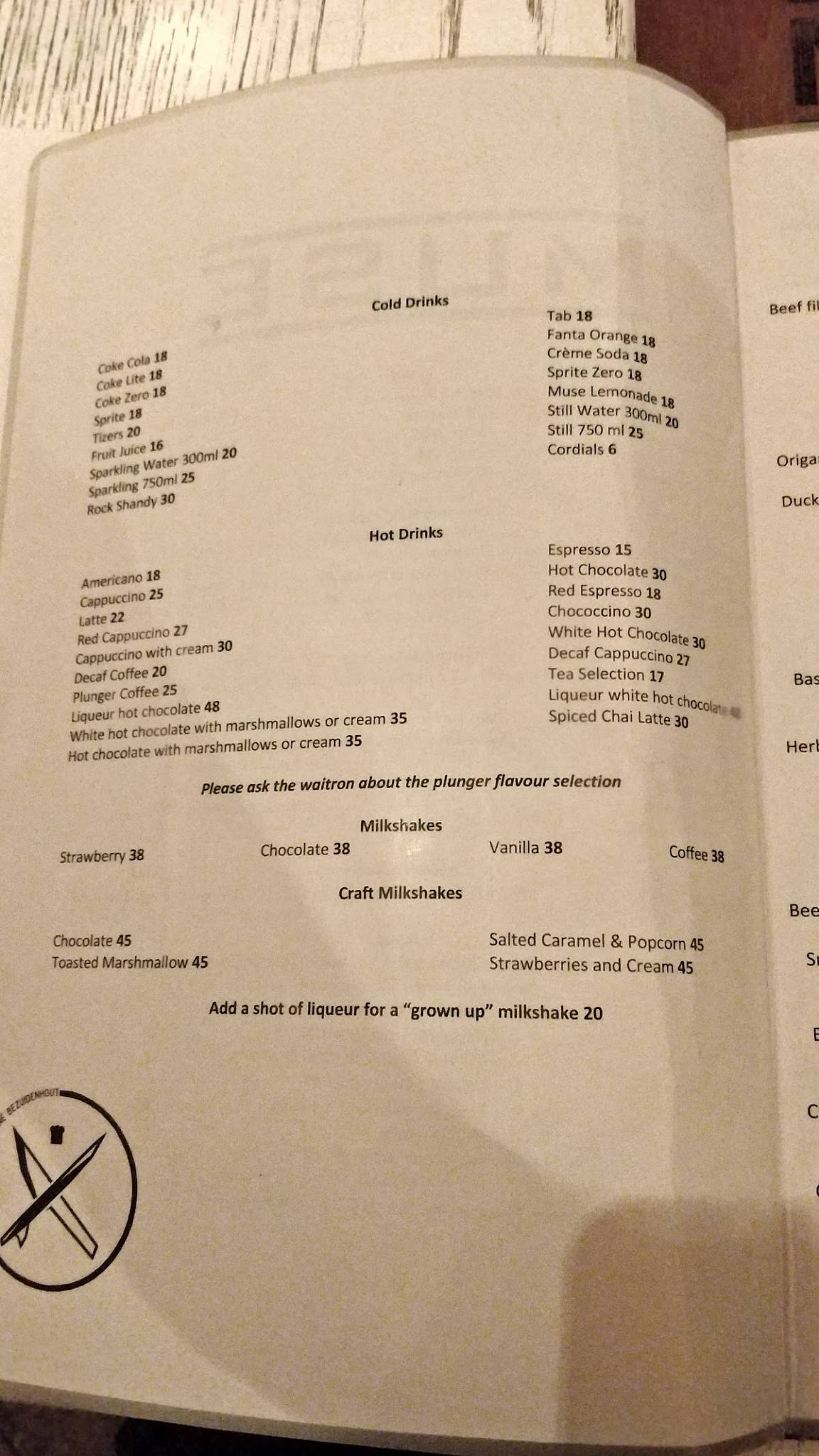 Menu at Muse Restaurant, South Africa