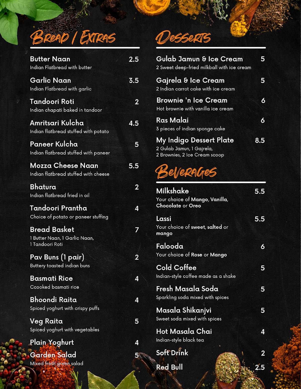 Menu at My Indigo Indian Street Food St.Anne’s restaurant, Winnipeg