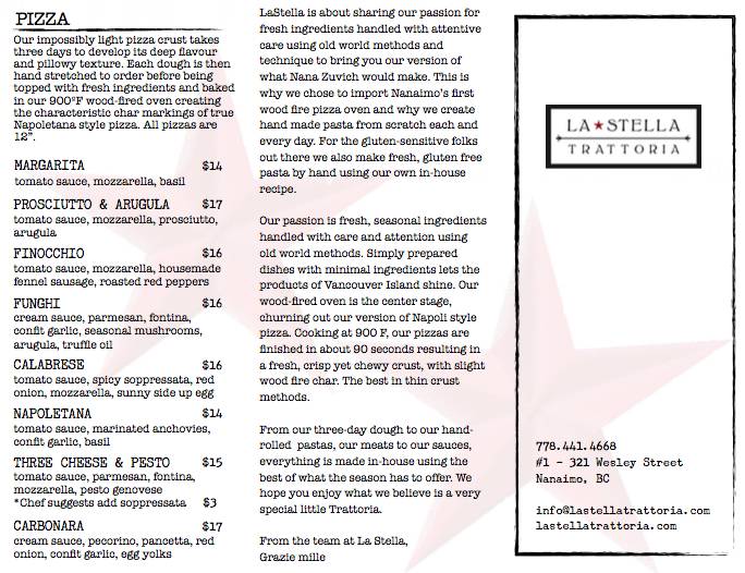 Menu at La Stella Trattoria restaurant, Nanaimo