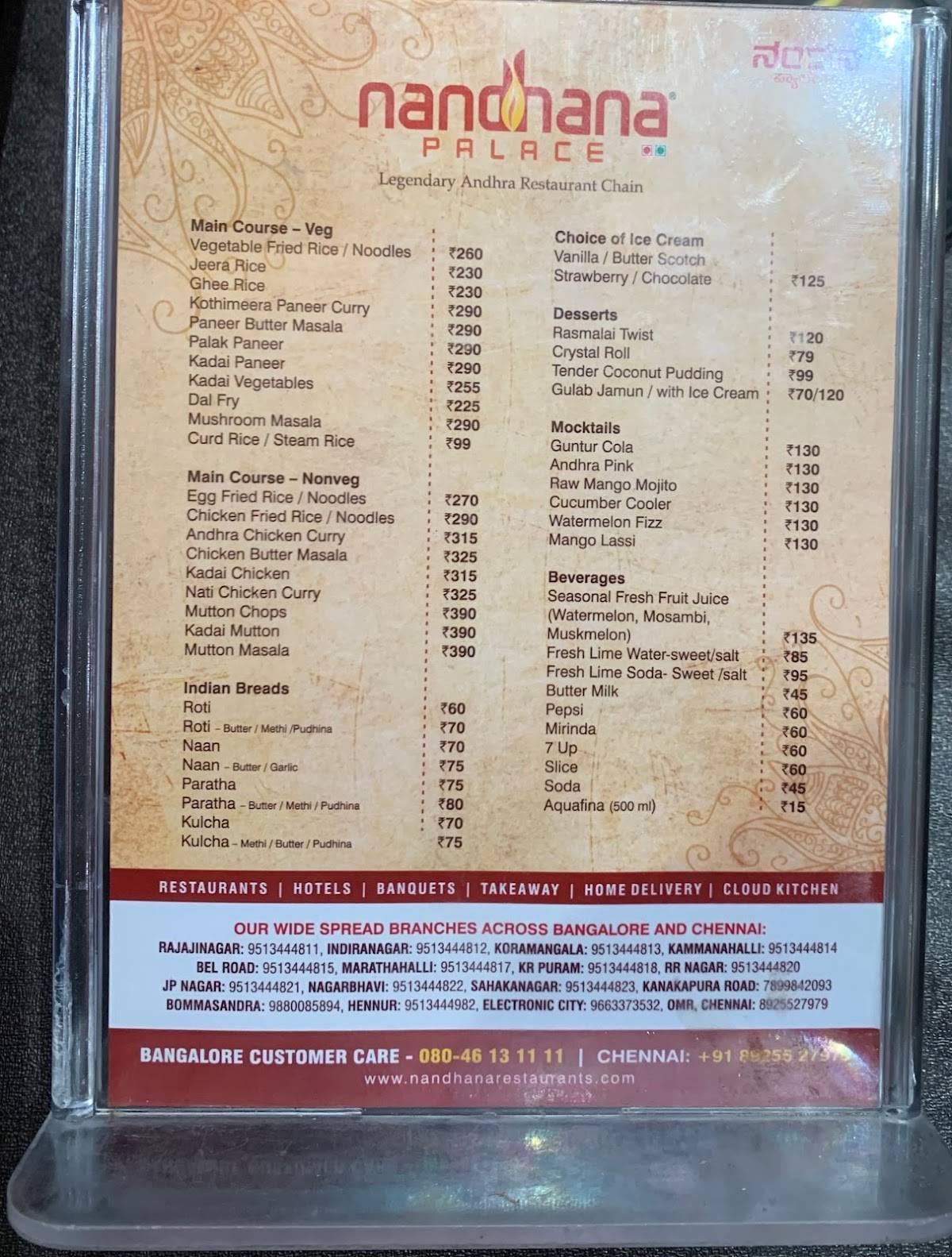 Menu at Nandhana Palace - Andhra Style Restaurant - Bommasandra, Bengaluru