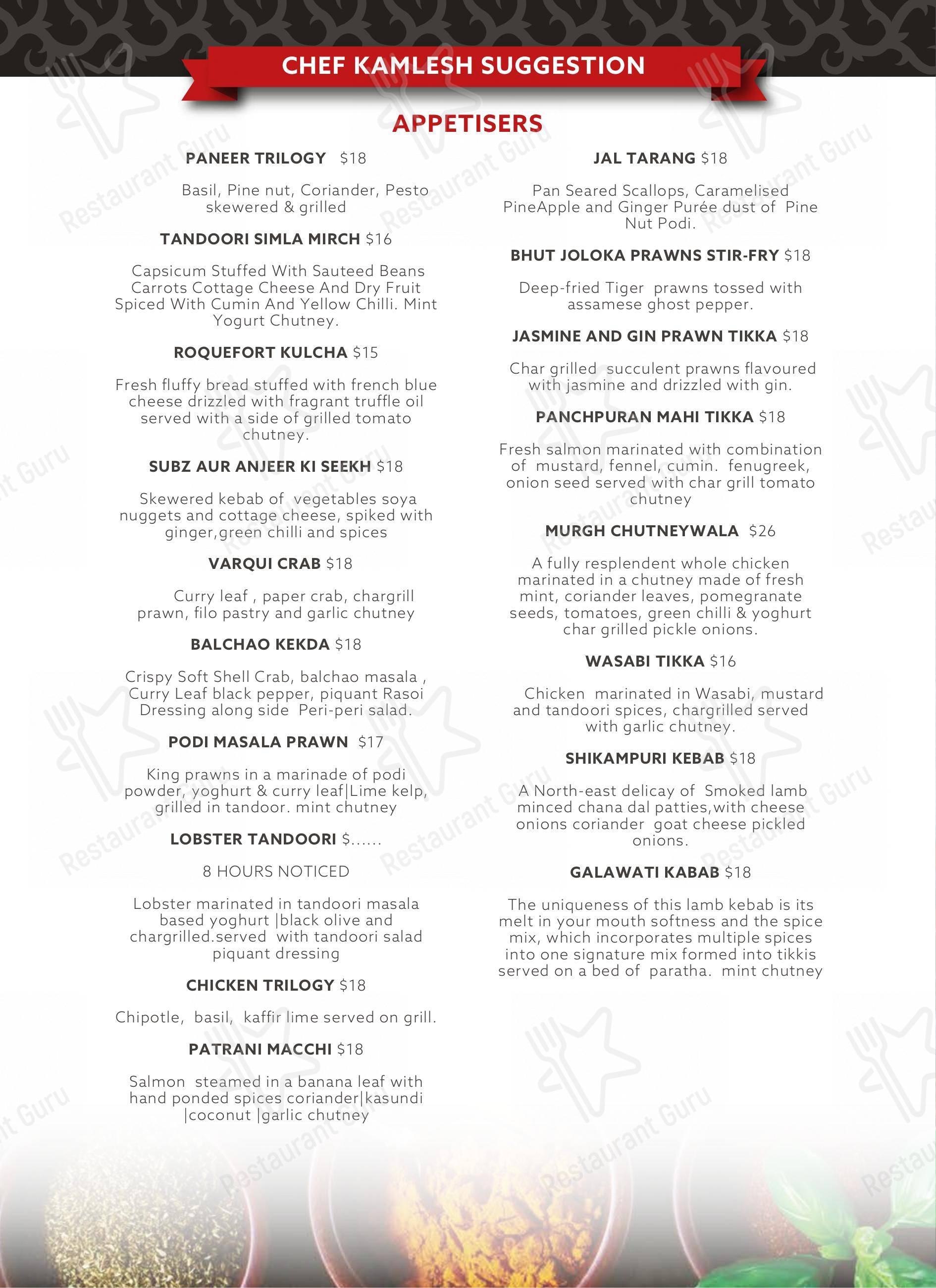 Menu at Rasoi restaurant, Napier