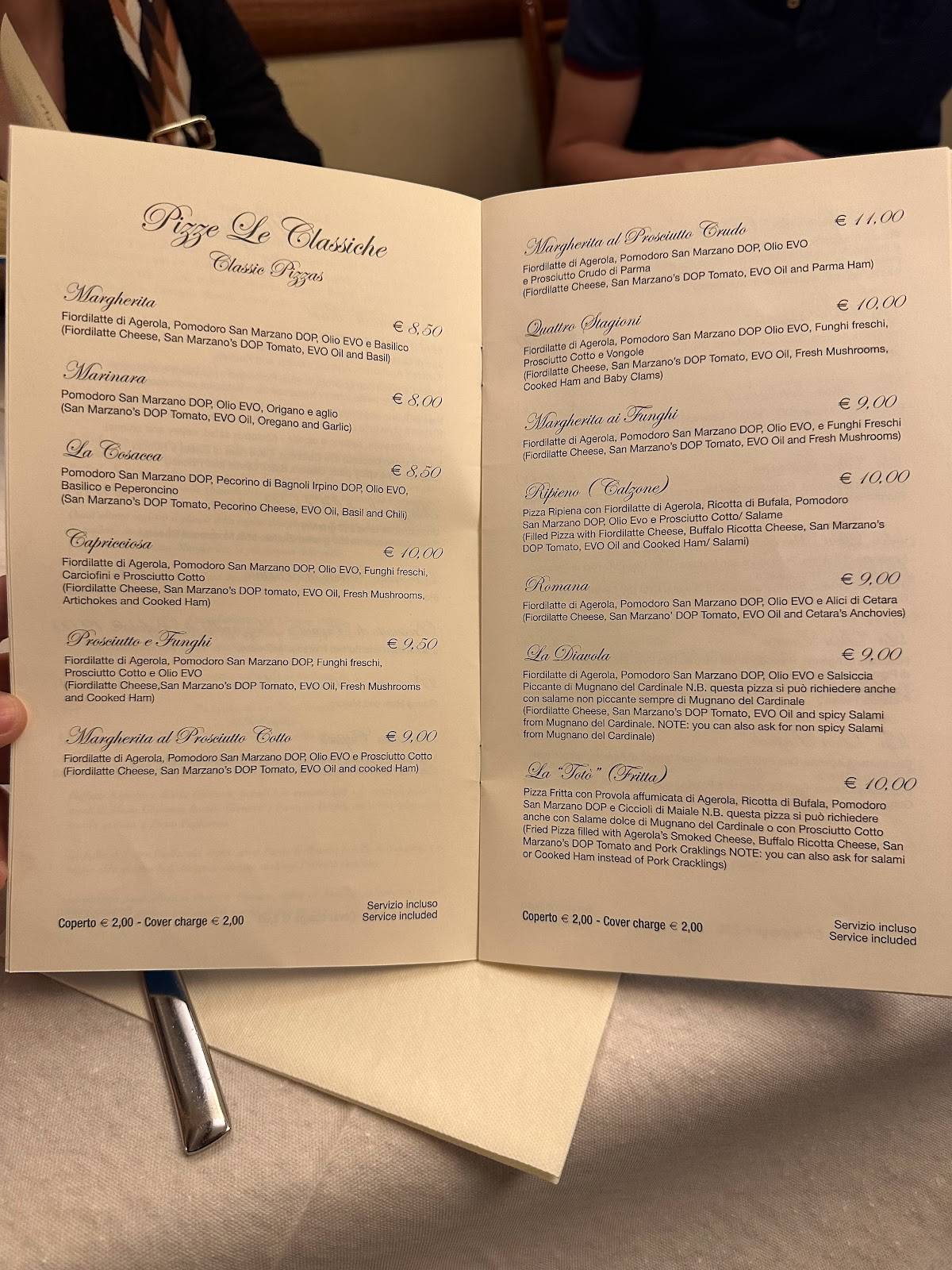 Menu at Pizzeria Brandi, Naples, Salita S. Anna di Palazzo