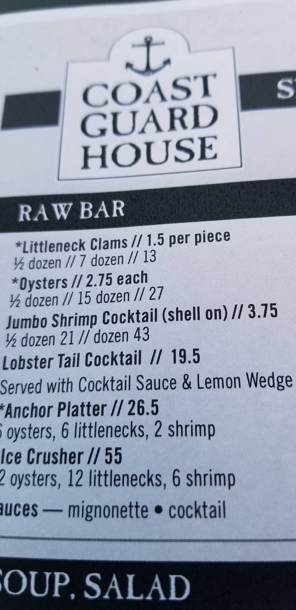Menu at The Coast Guard House Restaurant, Narragansett
