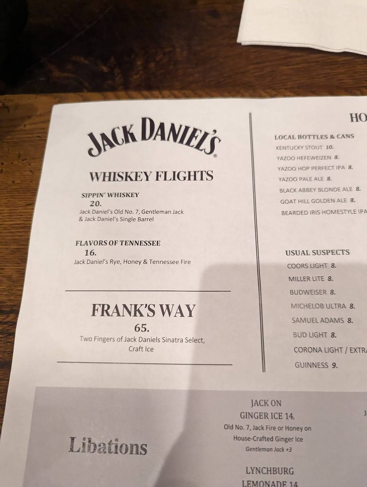 Menu at Jack Daniel's restaurant, Nashville, Opryland Dr