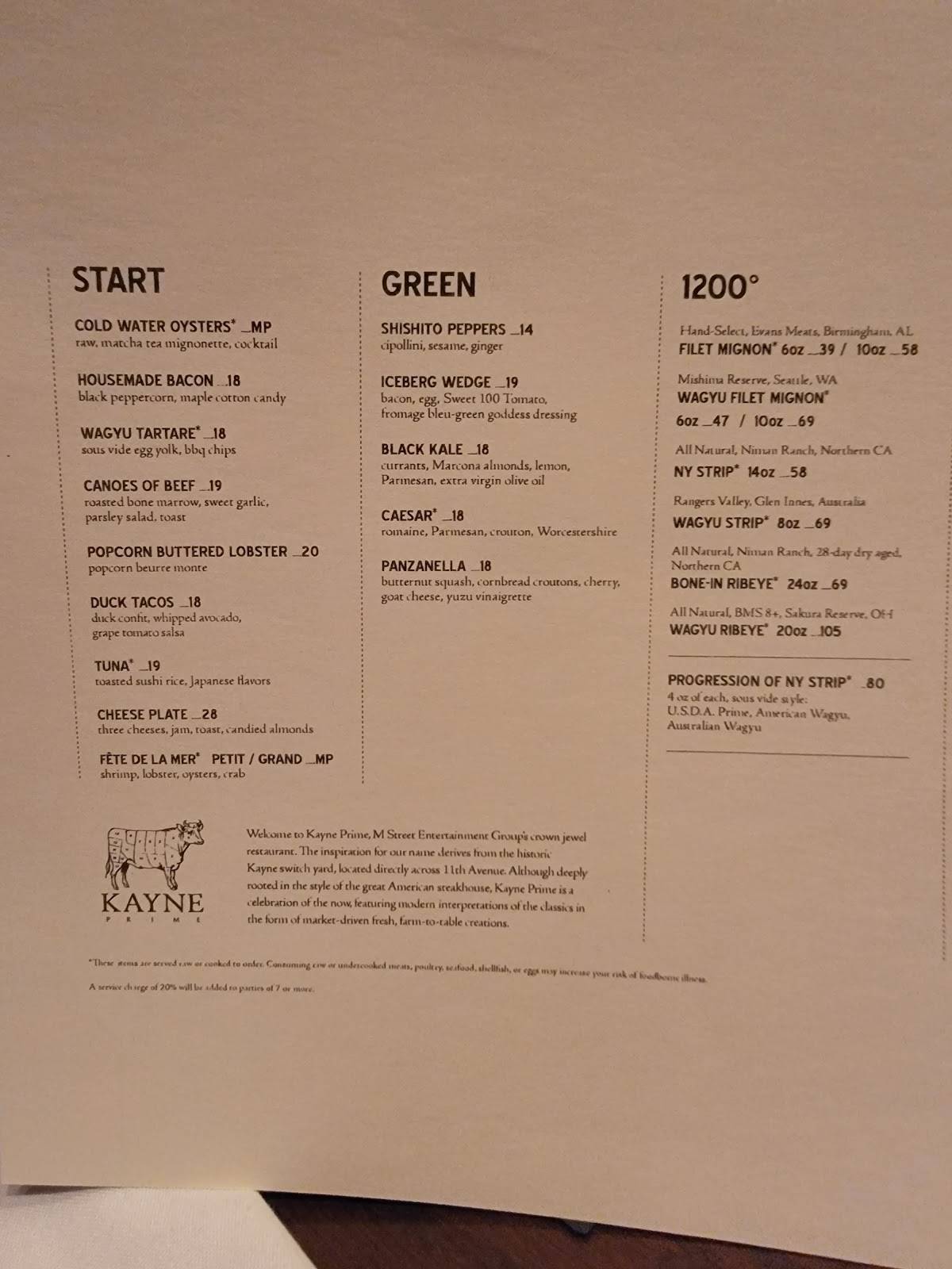 Menu at Kayne Prime Steakhouse, Nashville