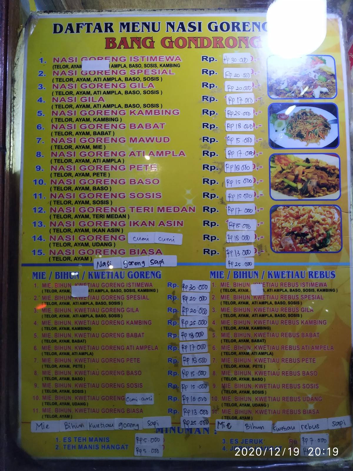 Menu at Nasi Goreng Gila Bang Gondrong restaurant, West Jakarta, QPXH+2VM