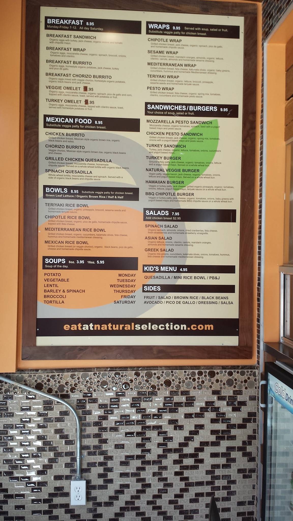 Menu at Natural Selection restaurant, Los Angeles