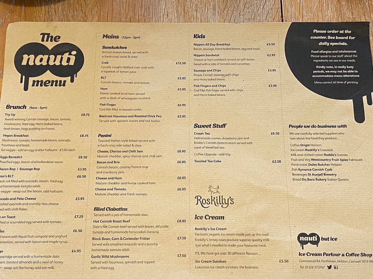 Menu at Nauti But Ice cafe, Porthleven