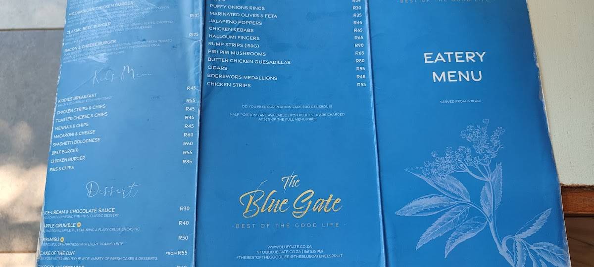 Menu at The Blue Gate restaurant, Nelspruit