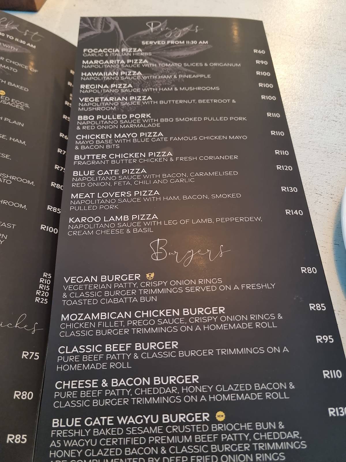 Menu at The Blue Gate restaurant, Nelspruit