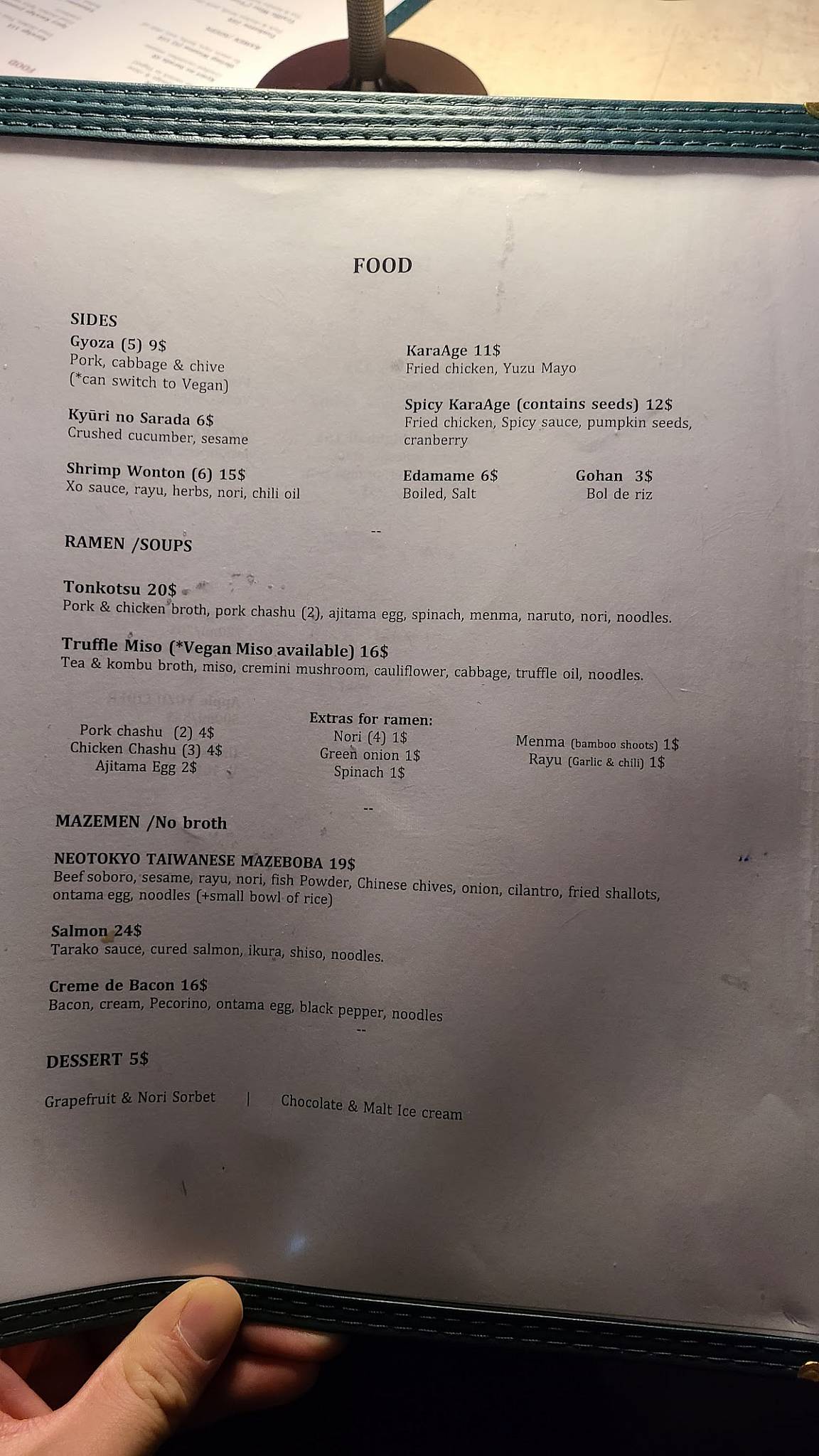 Menu au Neotokyo restaurant, Montréal