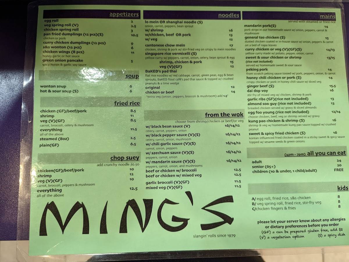 Menu at Ming's Restaurant, New Glasgow