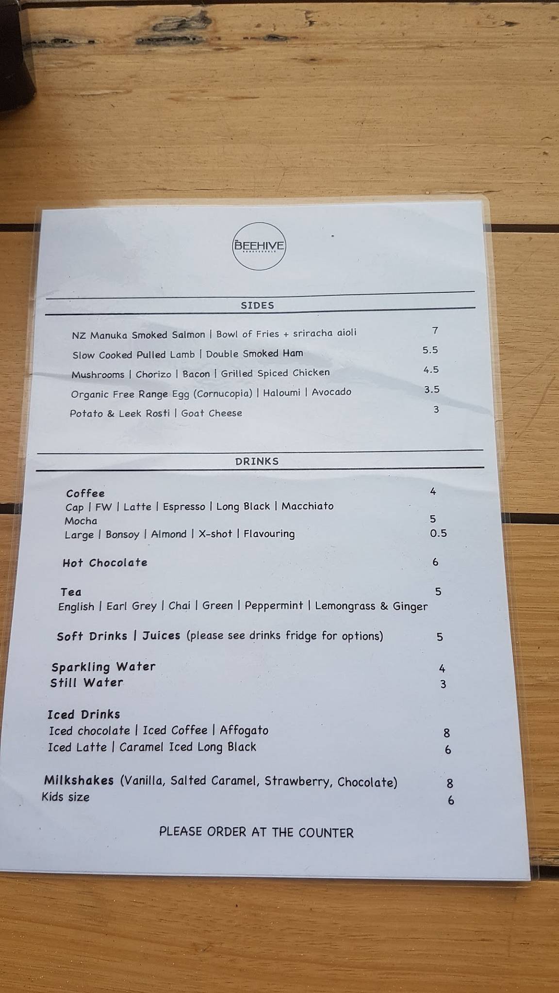 Menu at The Beehive Honeysuckle cafe, Newcastle