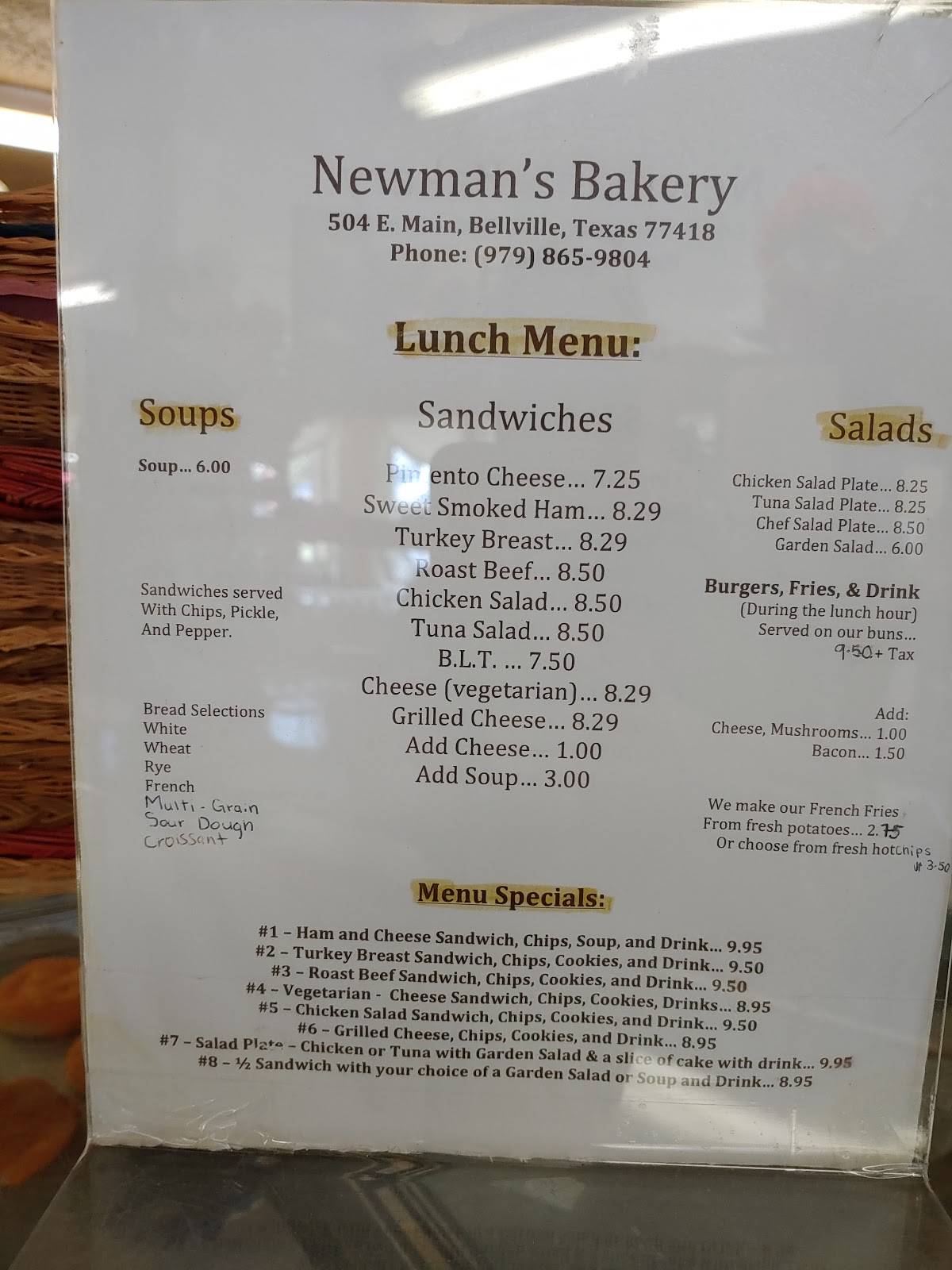 Menu at Newman's Bakery, Bellville, 504 E Main St
