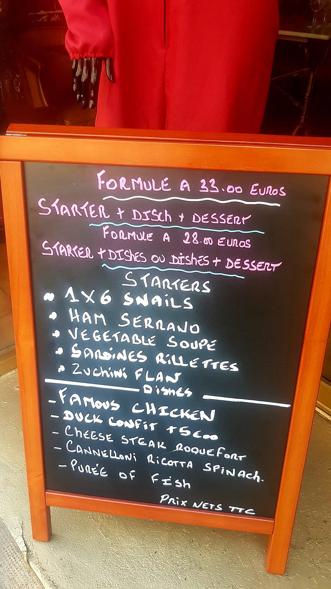 Menu at Chez Moi restaurant, Nice