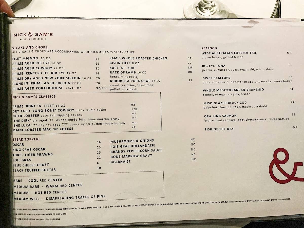 Menu at Nick & Sam's steakhouse, Dallas, Maple Ave