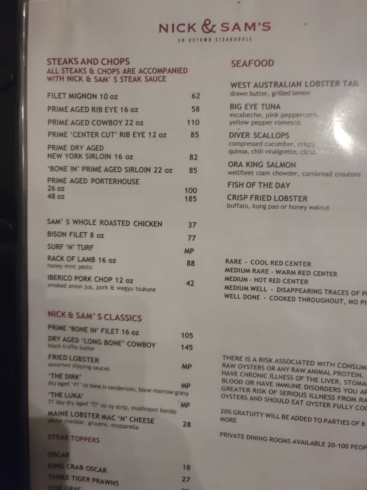Menu at Nick & Sam's steakhouse, Dallas, Maple Ave