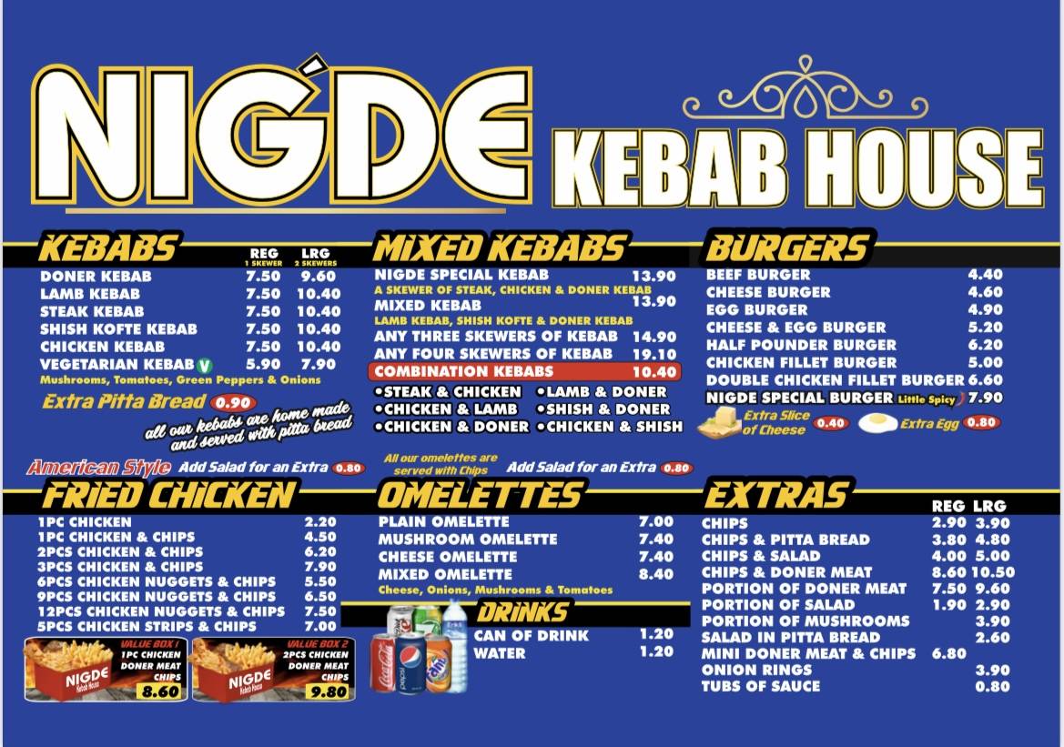 Menu at Nigde Kebab House fast food, Stoke-on-Trent