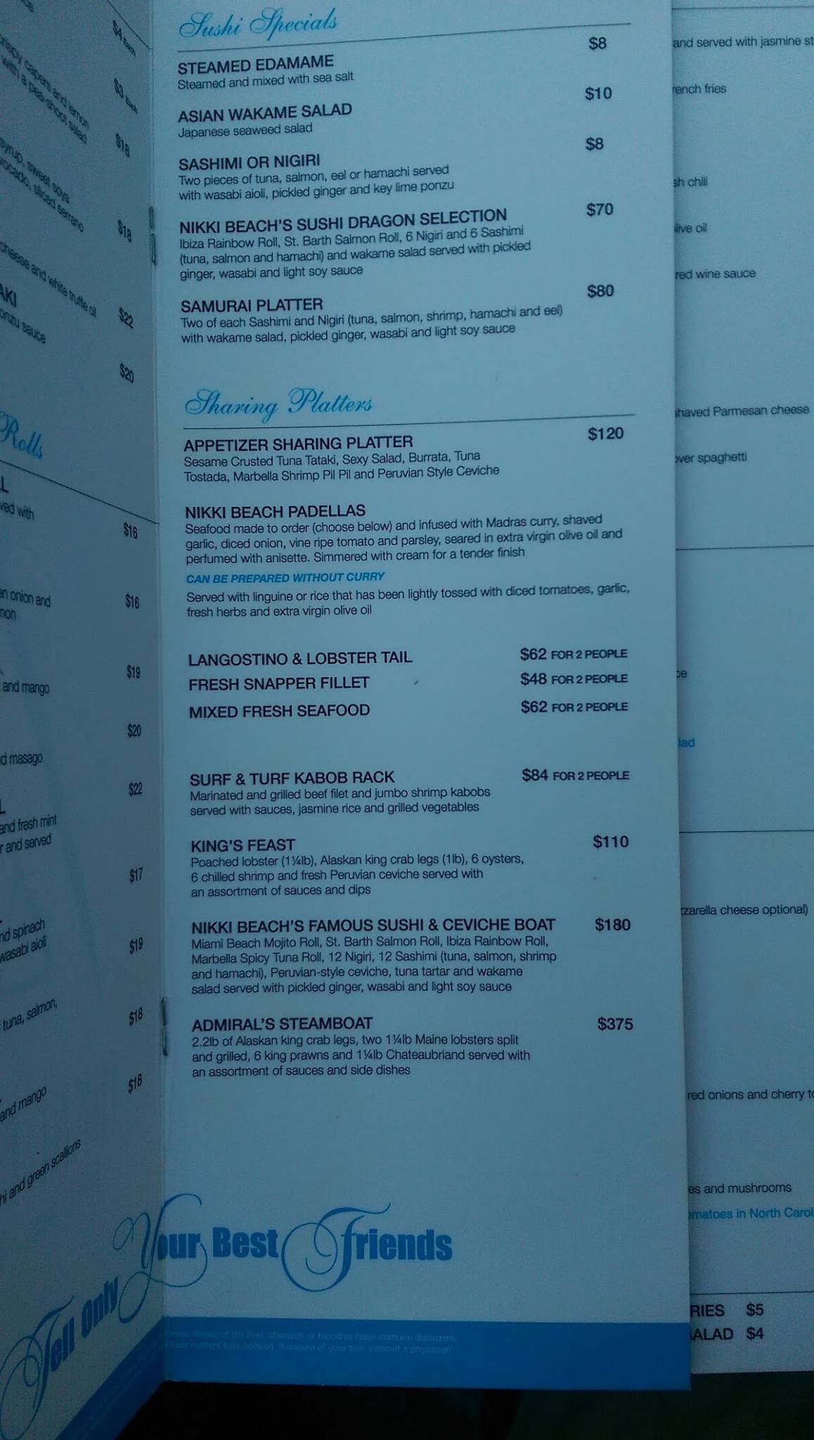 Menu at Nikki Beach Miami restaurant, Miami Beach, 1 Ocean Dr