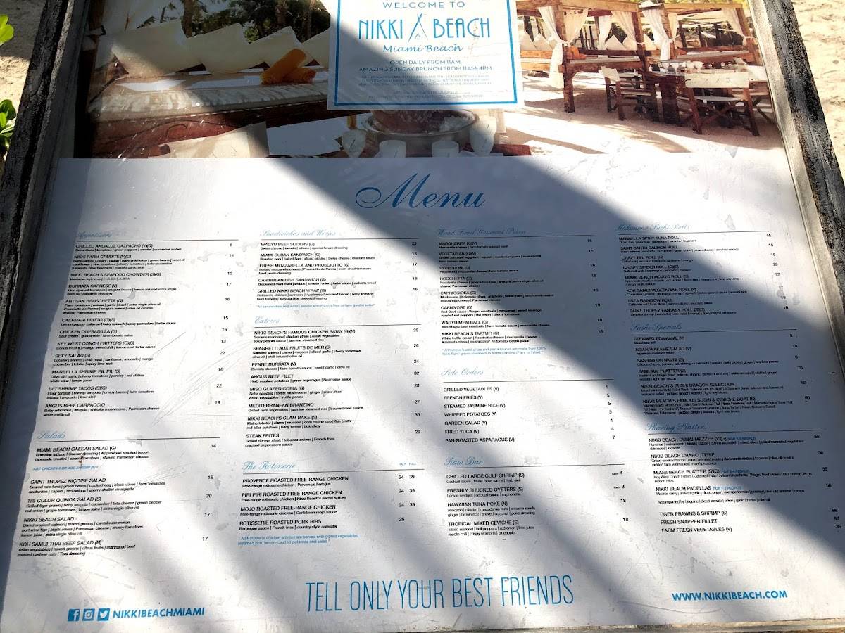 Menu at Nikki Beach Miami restaurant, Miami Beach, 1 Ocean Dr