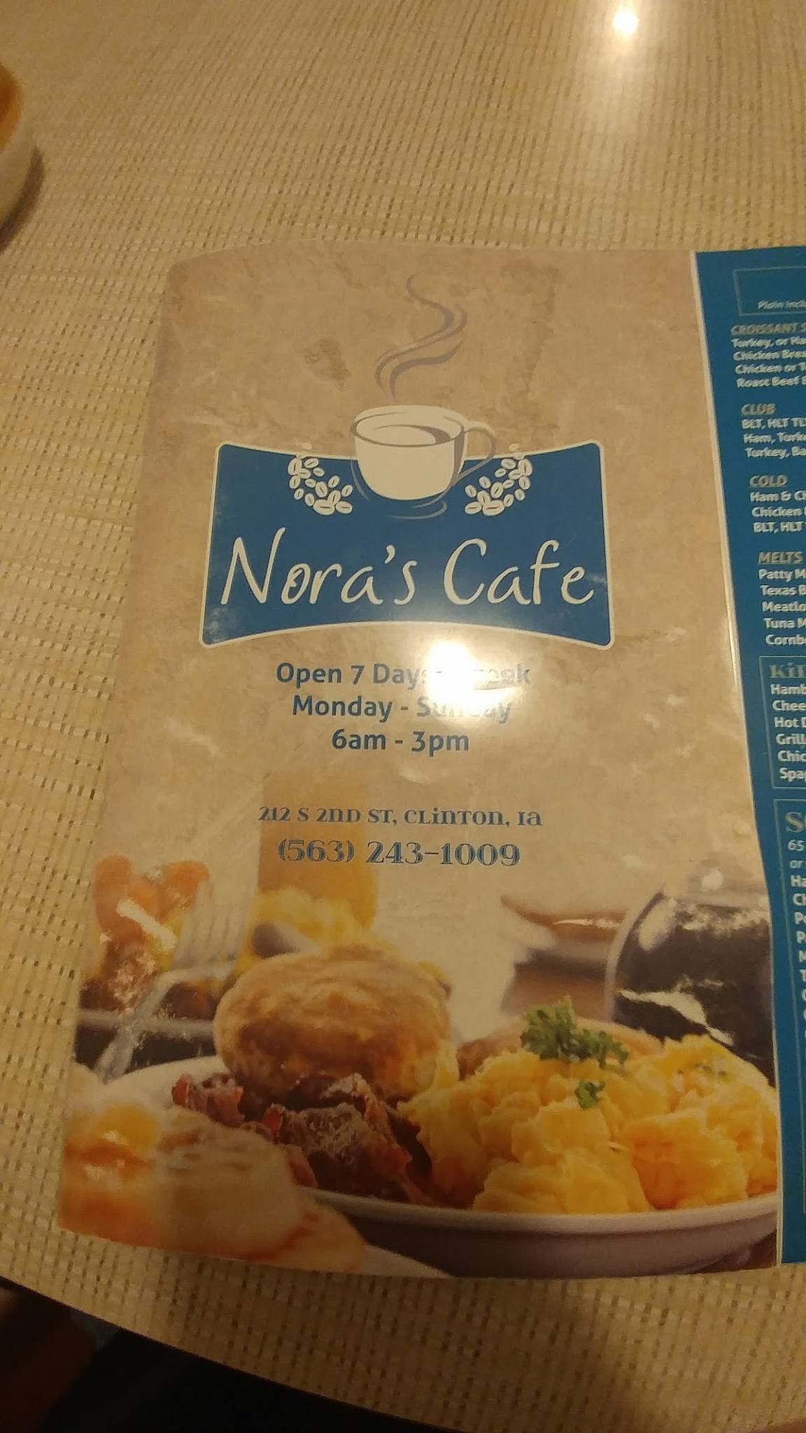 Menu at Nora's Café restaurant, Clinton