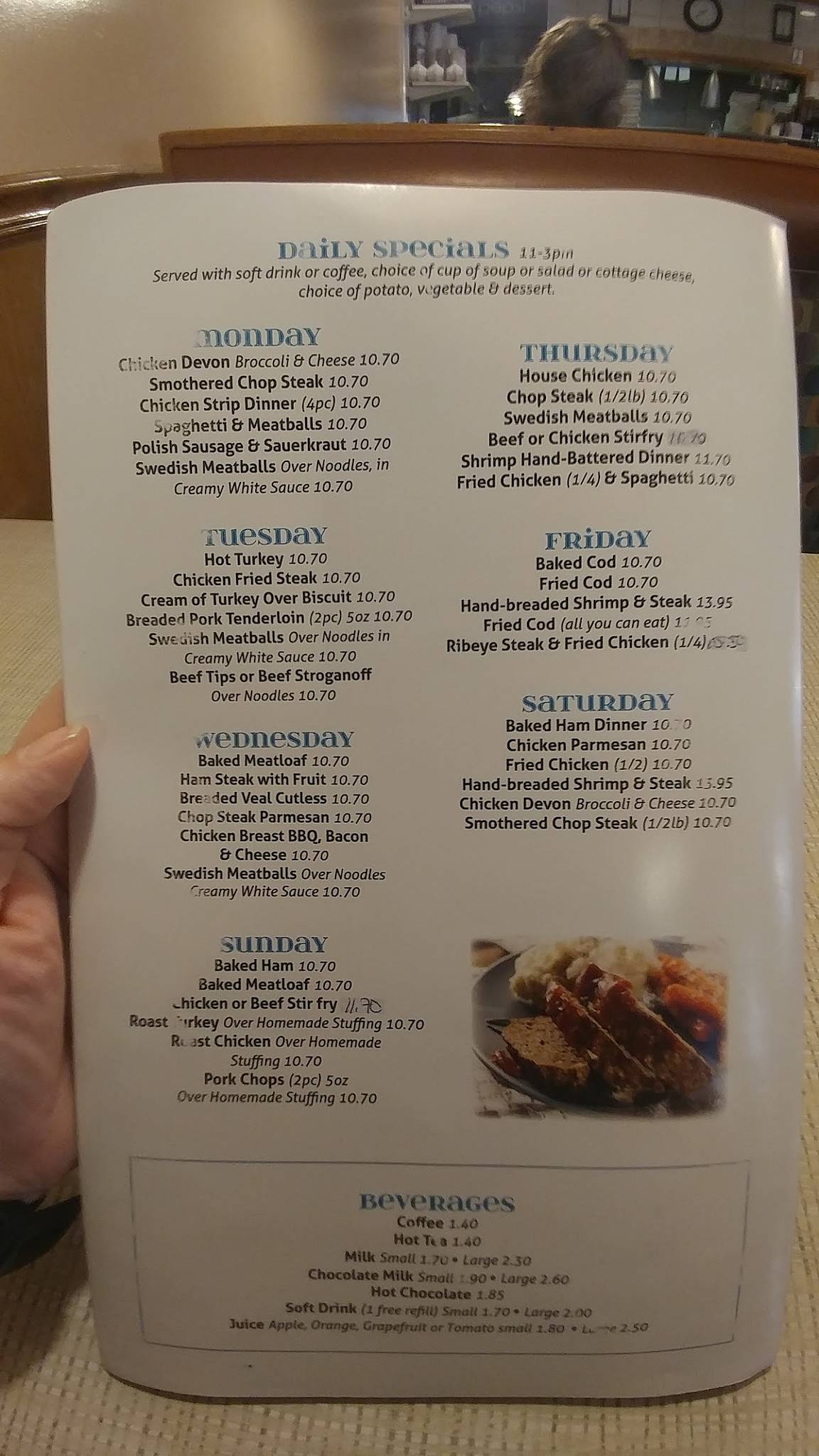 Menu at Nora's Café restaurant, Clinton