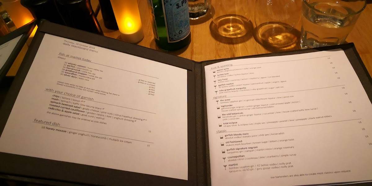 Menu at Garfish restaurant, Crows Nest, 6/29 Holtermann St