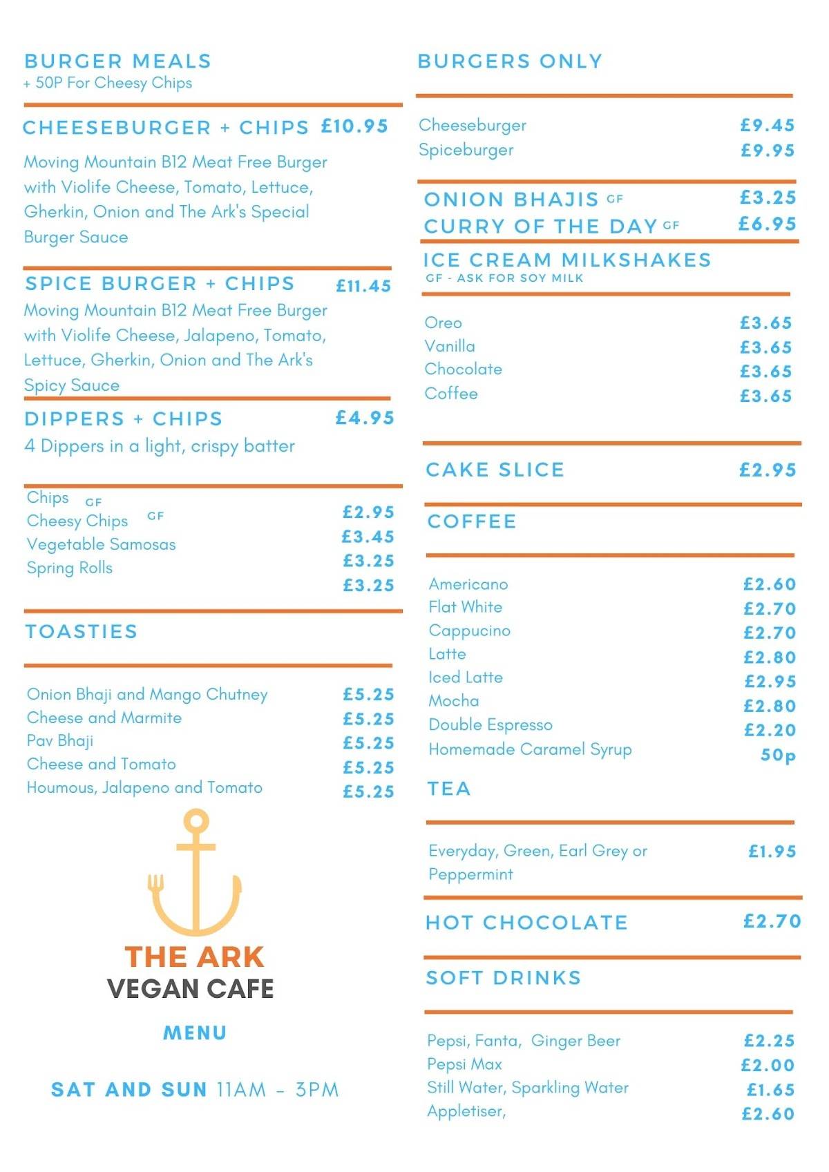 Menu at The Ark cafe, Northampton