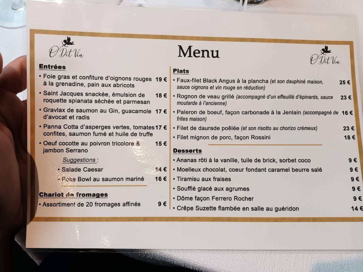 Menu au Ô Dit Vin restaurant, Templeuve