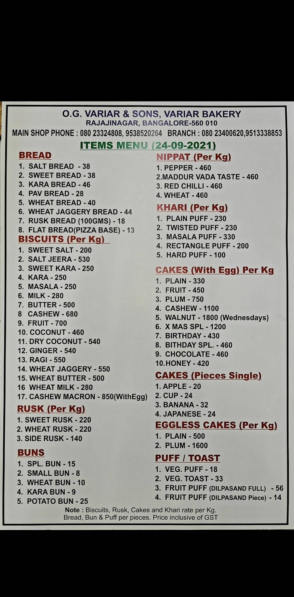 Menu at O.G. Variar and Sons, Variar Bakery, Bengaluru, 68 1'st Main Road
