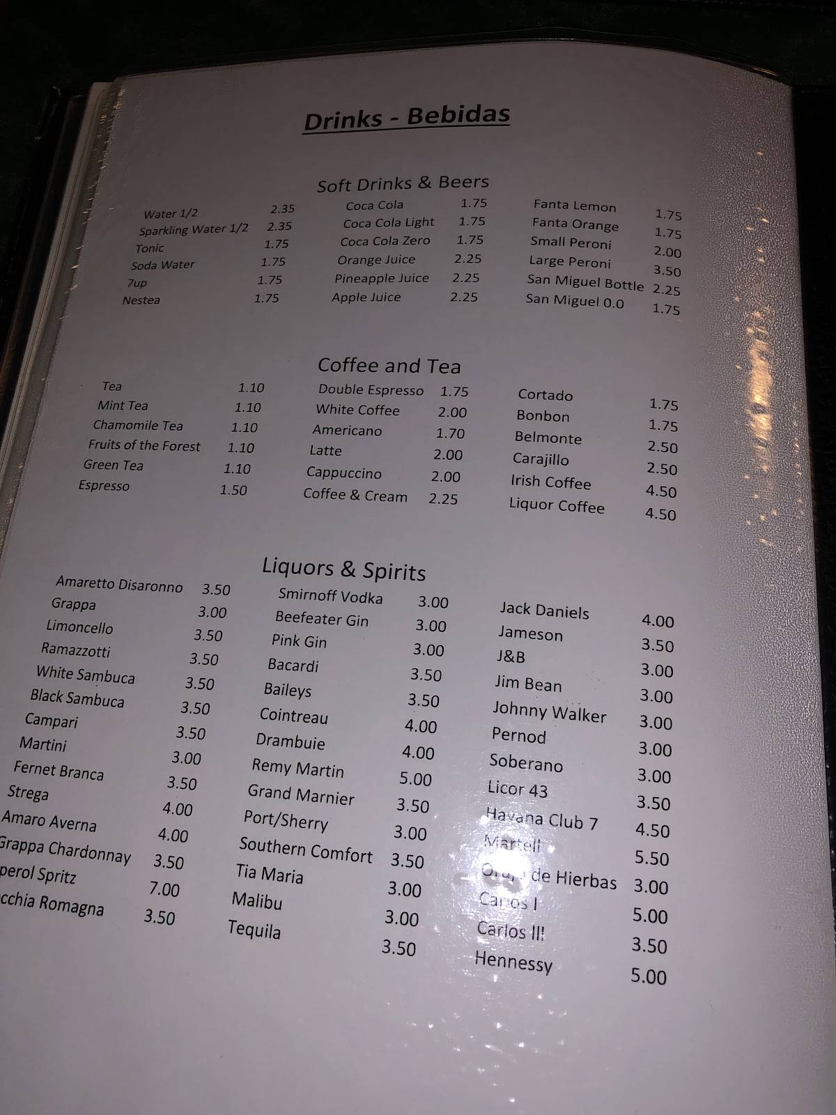 Menu at O Sole Mio restaurant, Dehesa de Campoamor