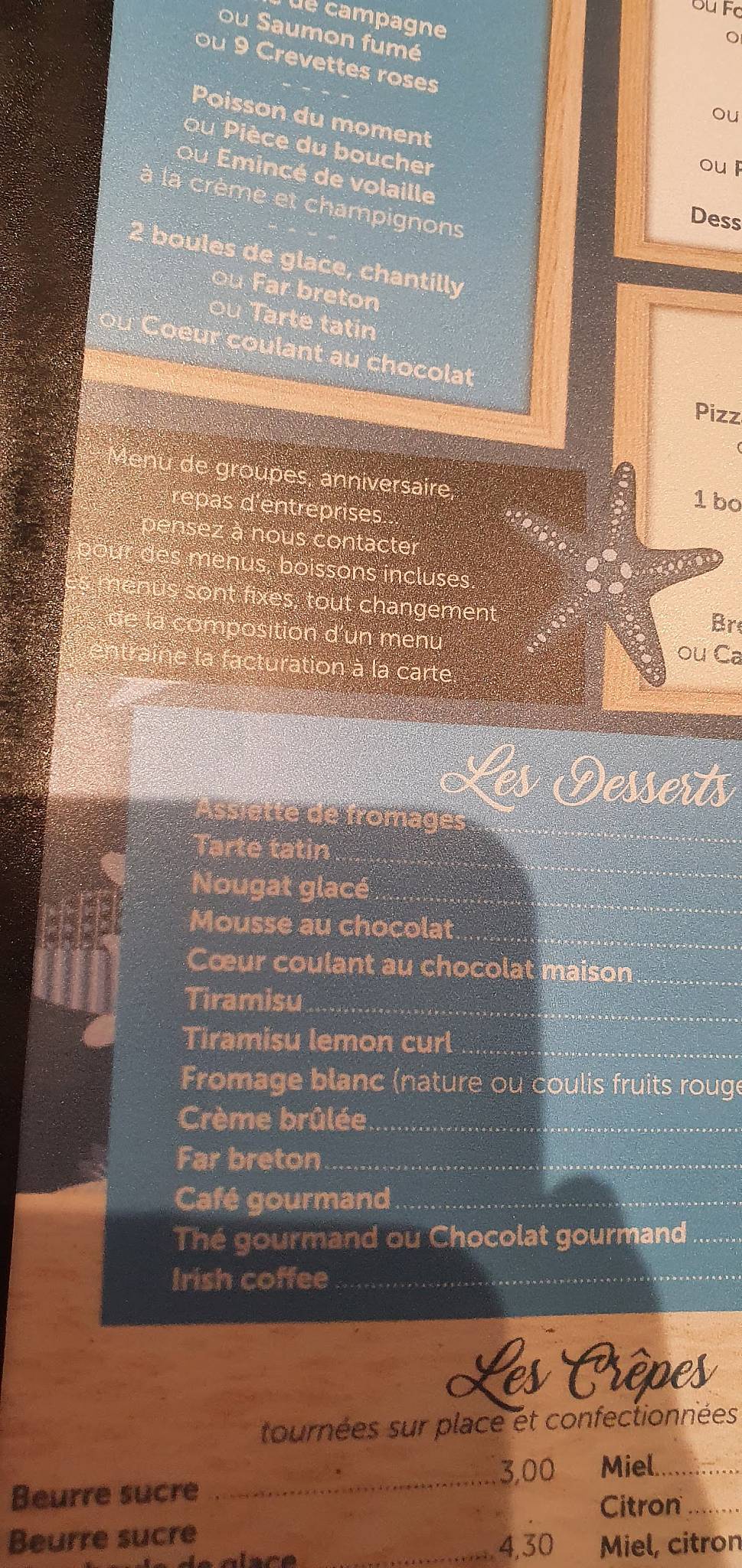 Menu au O sables restaurant, Fréhel
